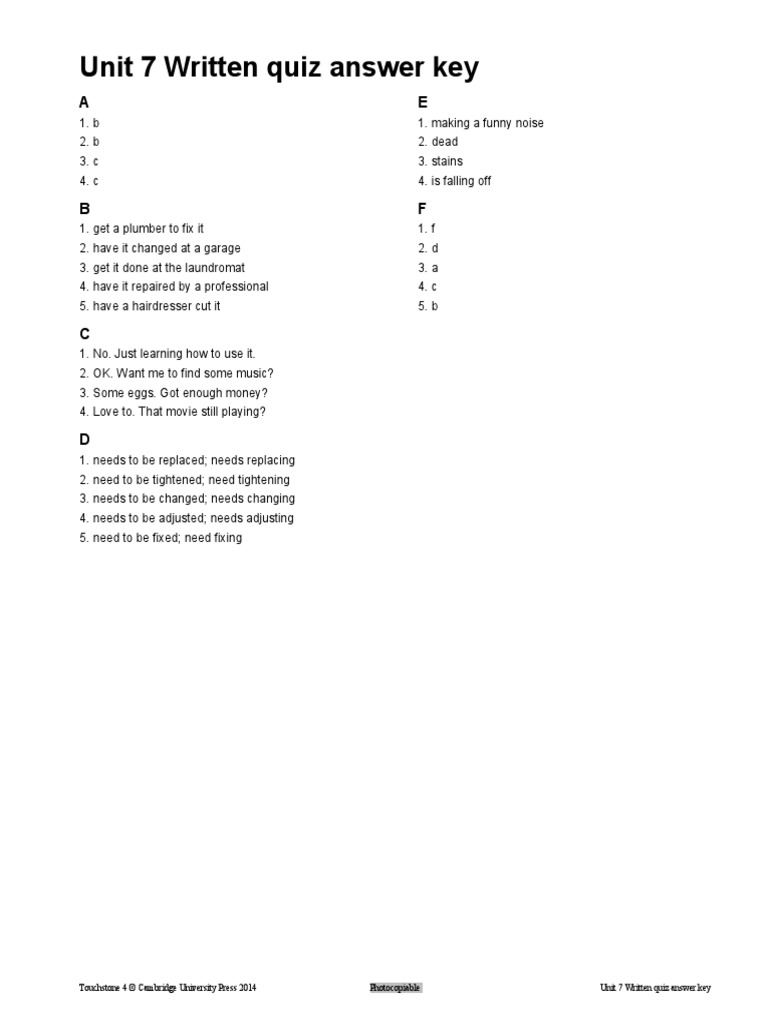 Course 15 Unit 7 Written Quiz Answer Key | PDF