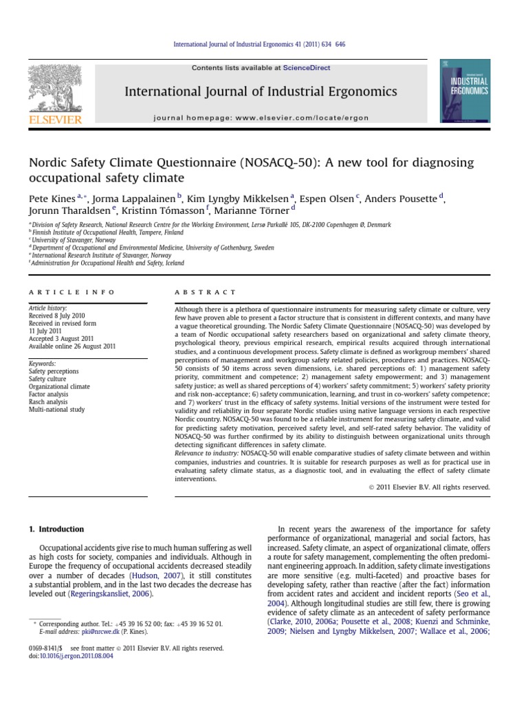 Nordic Safety Climate Questionnaire (NOSACQ-50) A New Tool For ...