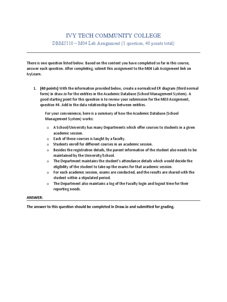 Ivy Tech Community College: DBMS110 - M04 Lab Assignment (1 Question 40 Points Total) | PDF