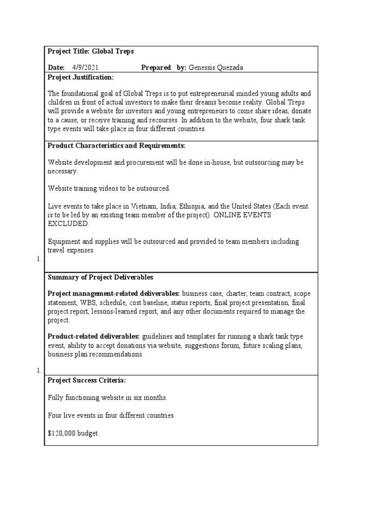 Global Treps - Project Scope Statement v2 | PDF