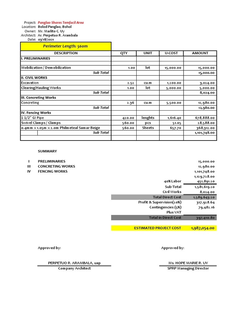 Perimeter Length: 560m: QTY Unit U-Cost Amount Description I ...