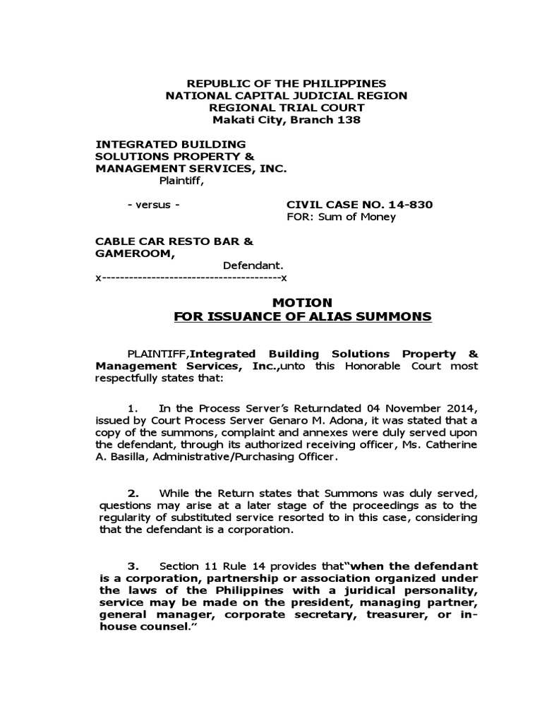 Motion To Issue Alias Summons - Cable Car Resto Bar and Gameroom | PDF ...