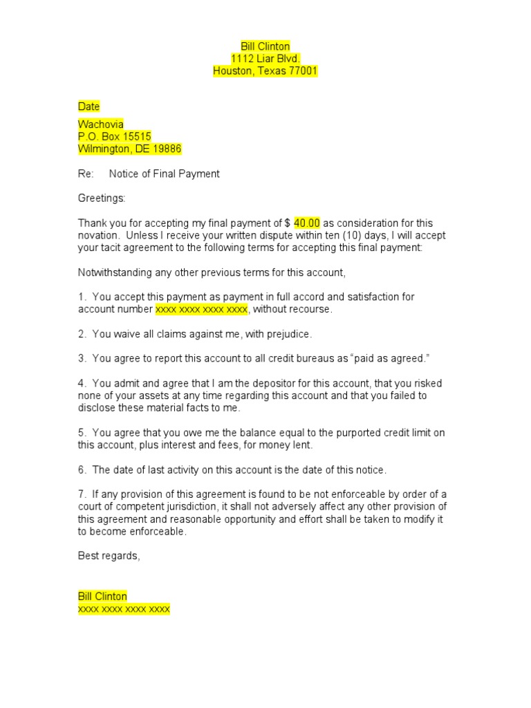 Final Payment Agreement Notice | PDF