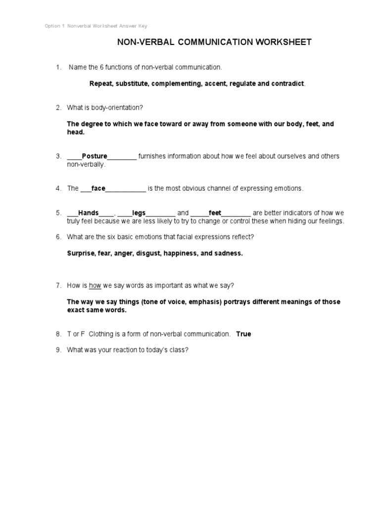 Nonverbal Communication Worksheet Answers | PDF | Self-Improvement