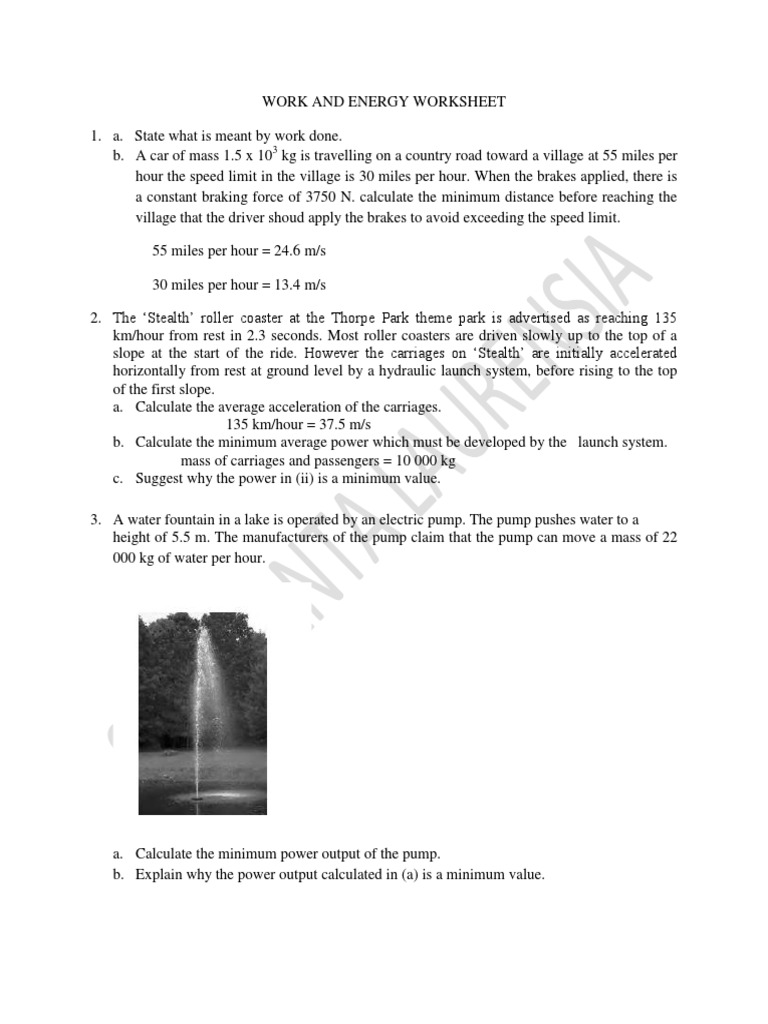 Work Energy Worksheet 1 | PDF | Kinetic Energy | Force