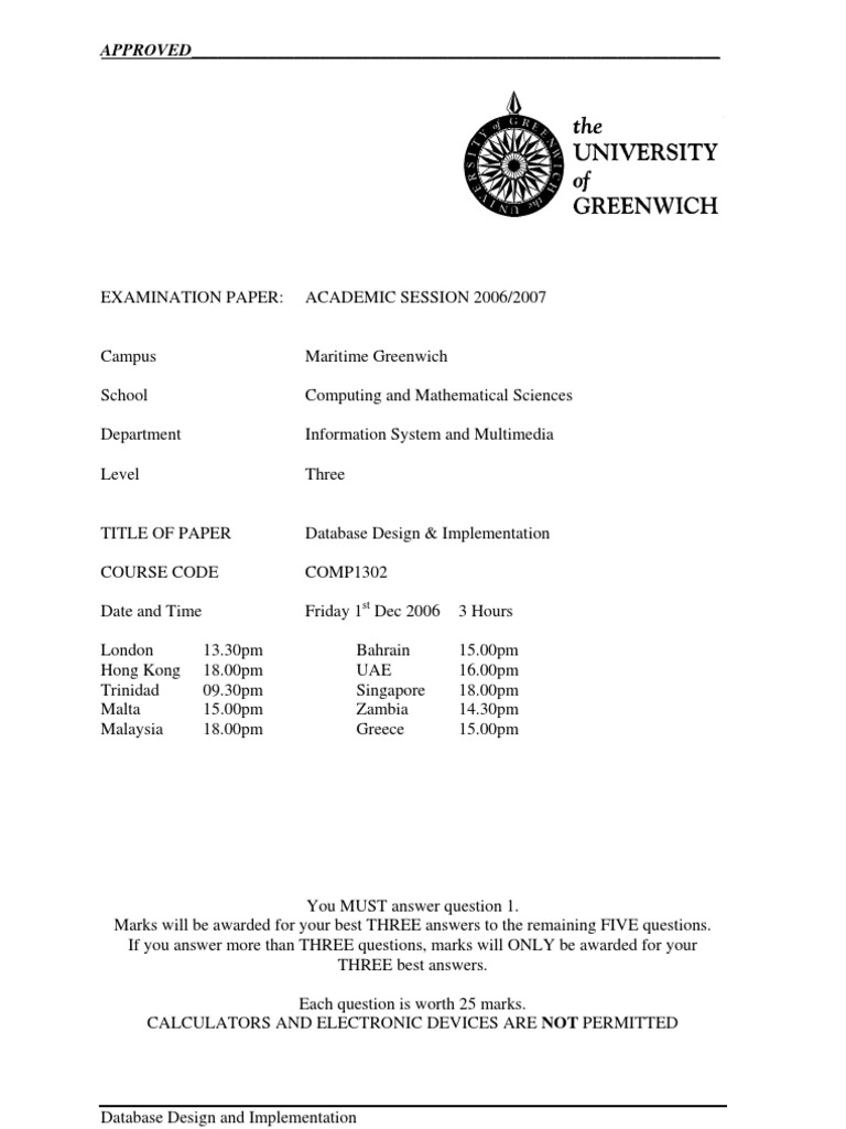 Database Design and Implementation Exam December 2006 - UK University BSC Final Year | PDF ...
