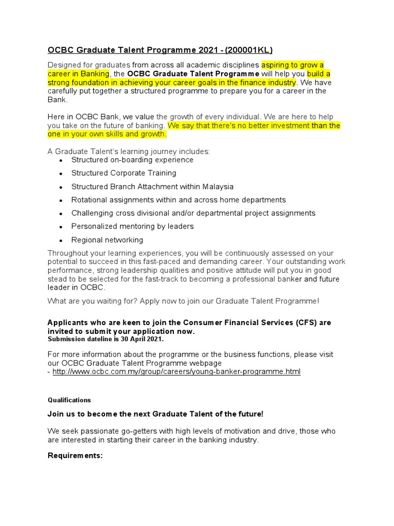 OCBC Graduate Talent Program 2021 | PDF | Business | Finance & Money ...