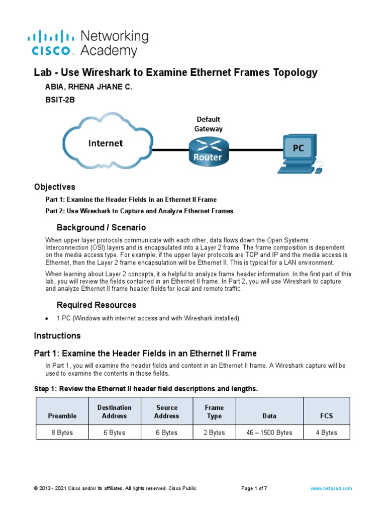 ABIA.-BSIT2B-7.1.6 Lab - Use Wireshark To Examine Ethernet Frames | PDF | Computer Network ...