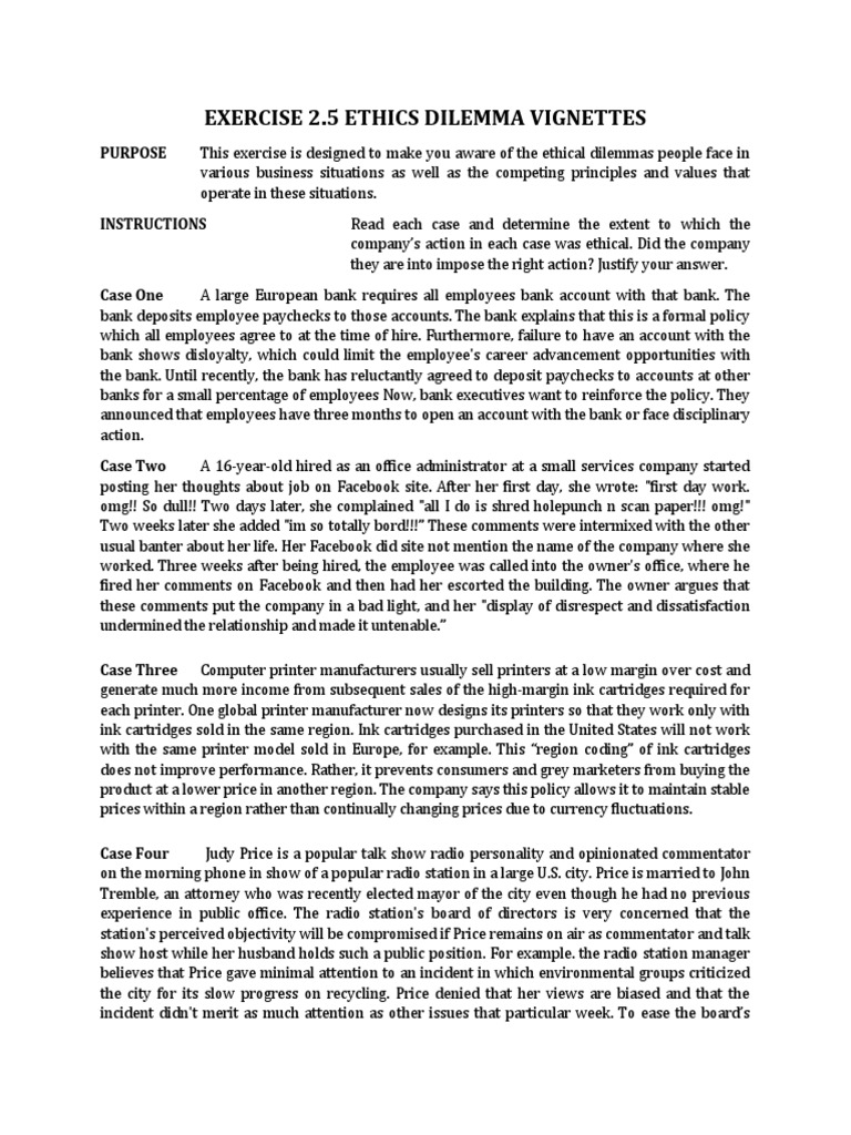 Ethics Dilemma Vignette OrgBev Exercise | PDF | Printer (Computing ...