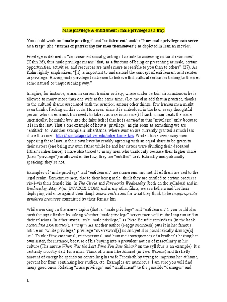 Male Privilege and Entitlement-1 | PDF | Critical Theory | Social ...