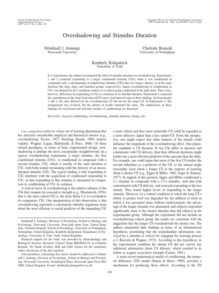 Overshadowing and Stimulus Duration: Do Mhnall J. Jennings Charlotte ...