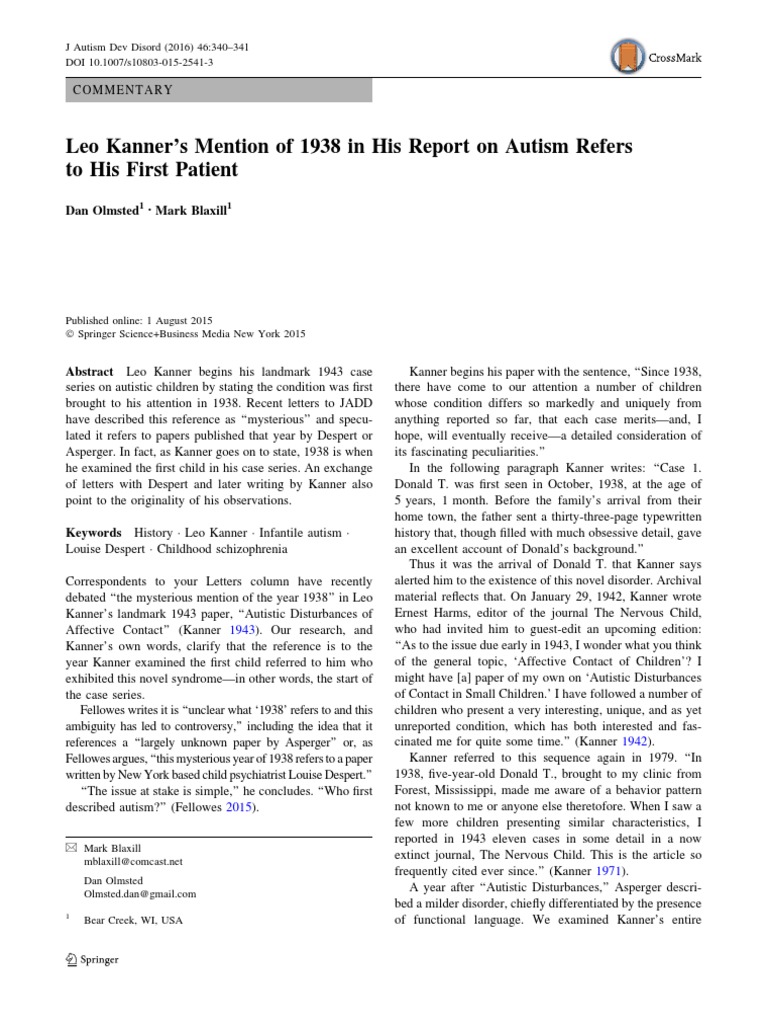 Leo Kanner's Mention of 1938 in His Report On Autism Refers To His ...