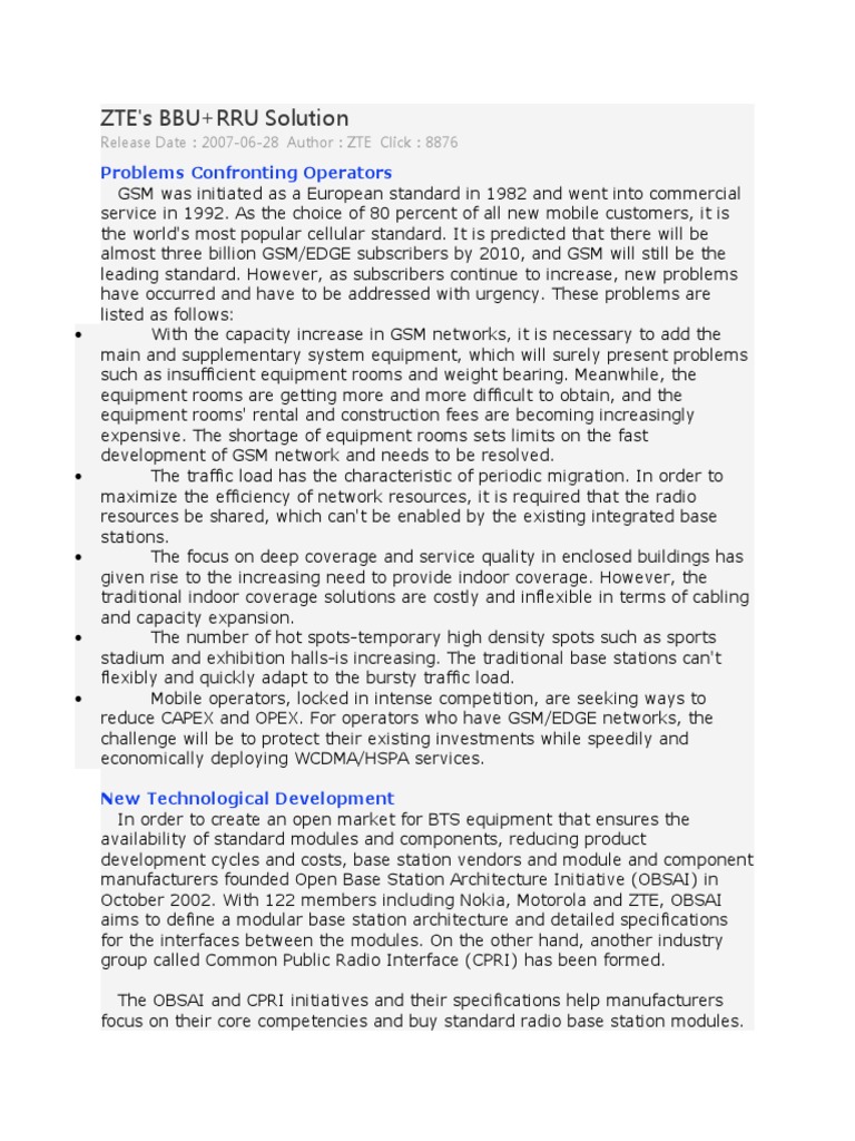 ZTE's BBU+RRU Solution | PDF | Base Station | Computer Science