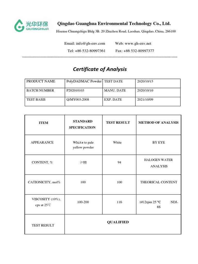 PolyDADMAC Powder Certificate of Analysis | PDF