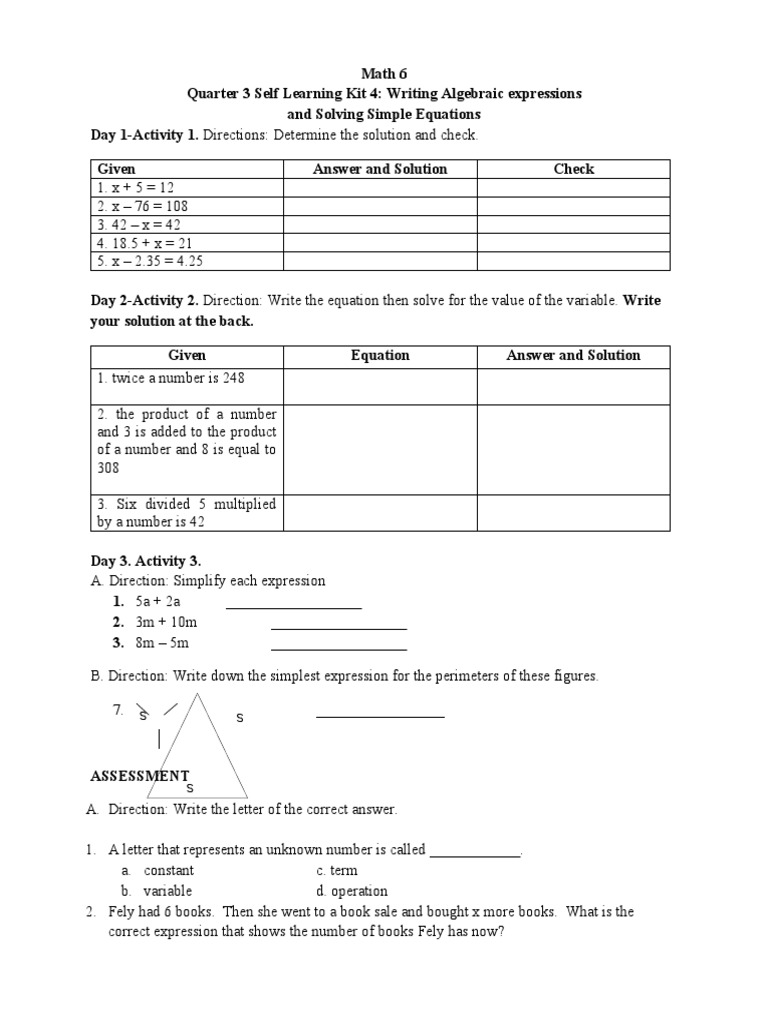 Ans Sheet q3 Mod4 g6 | PDF | Equations | Mathematical Concepts