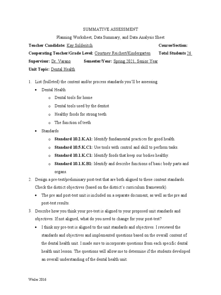 Unit Summative Assessment Planning Sheet | PDF | Oral Hygiene ...