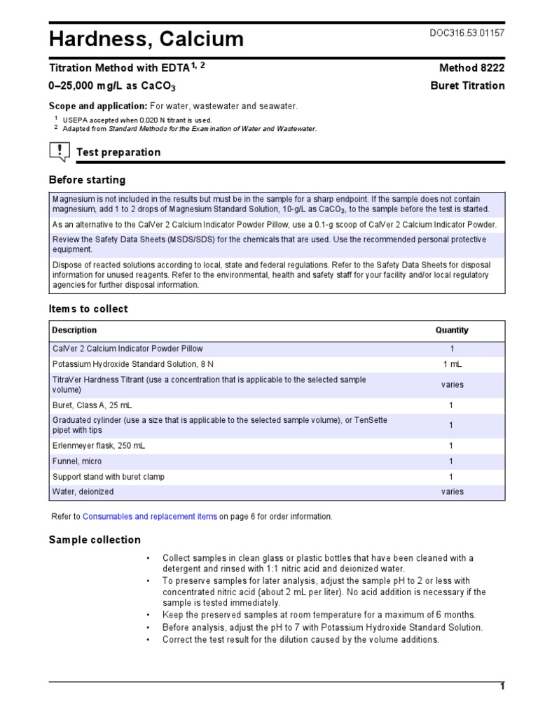 Hardness, Calcium: Titration Method With Edta Method 8222 0-25,000 MG/L ...