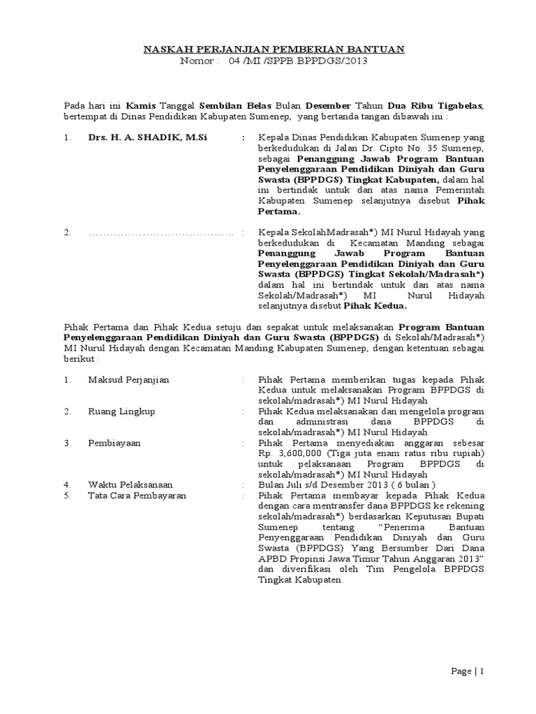 Contoh NPHD Bosmadin | PDF | Pengelolaan Keuangan & Uang