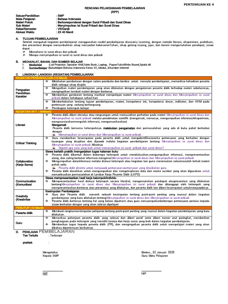 RPP 7 PB 4 KLS Vii Sem Genap 2019 2020 Materi Surat Pribadi Dan Surat Dinas | PDF