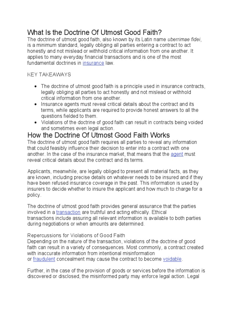 What Is The Doctrine of Utmost Good Faith | PDF | Insurance | Private Law