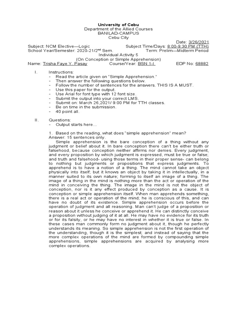 Individual Activity 5 - On Conception or Simple Apprehension | PDF ...