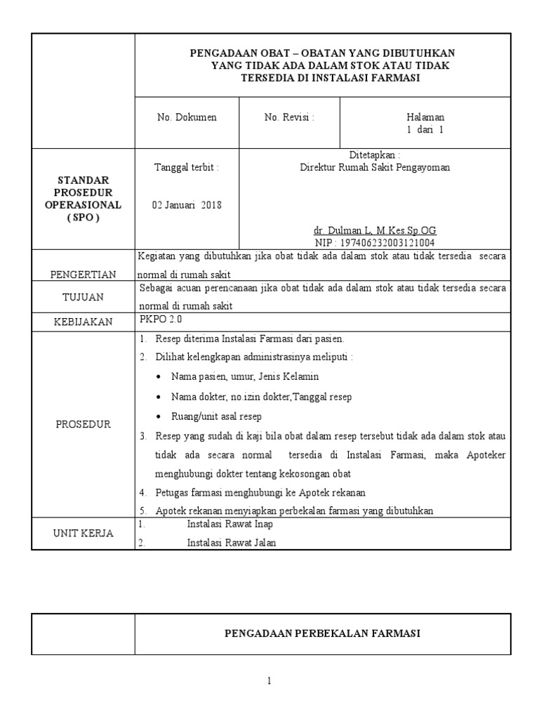 Spo Kumpulan Farmasi RS Pengayoman | PDF