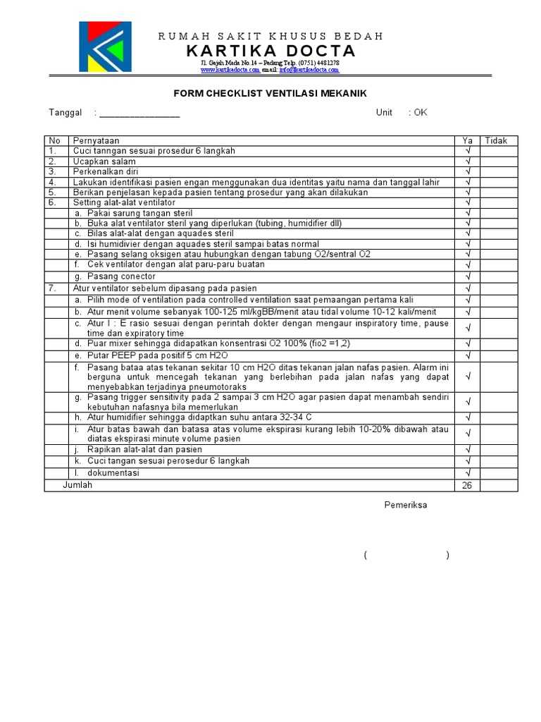 Checklist Ventilator untuk Pasien | PDF