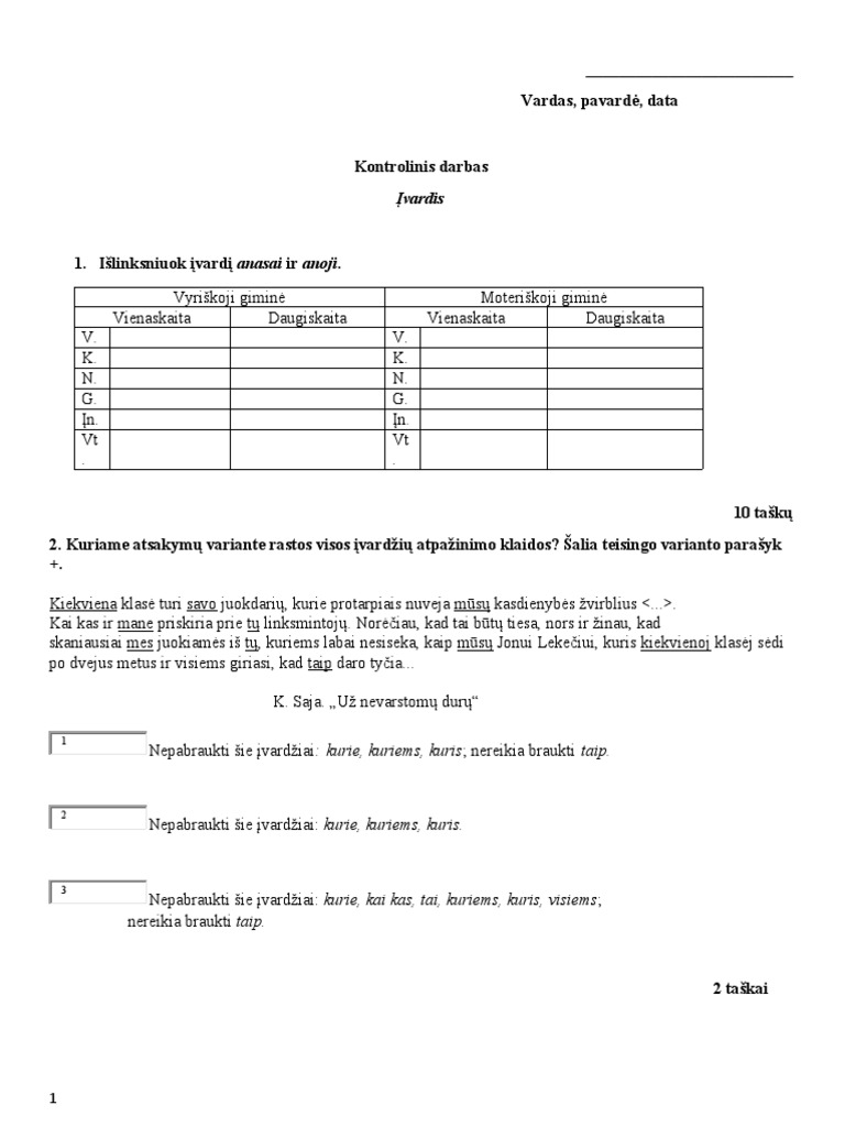 Įvardžio Kontrolinis | PDF