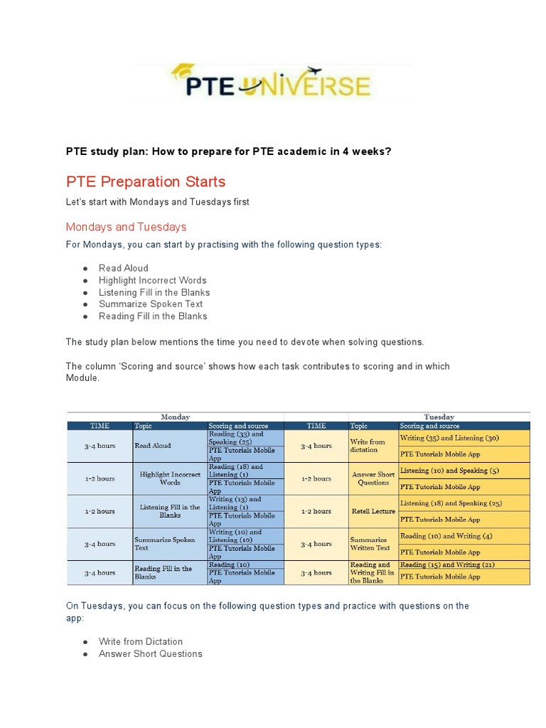 PTE Study Plan - How To Prepare For PTE Academic in 4 Weeks | PDF ...