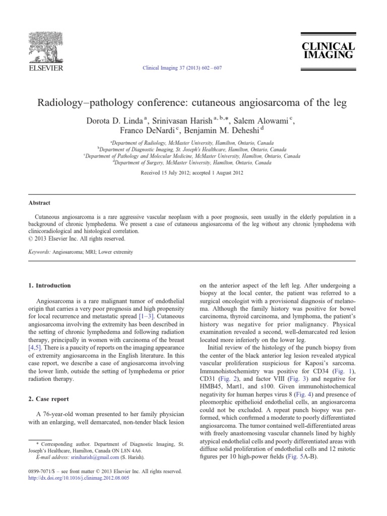 Radiology - Pathology Conference: Cutaneous Angiosarcoma of The Leg ...