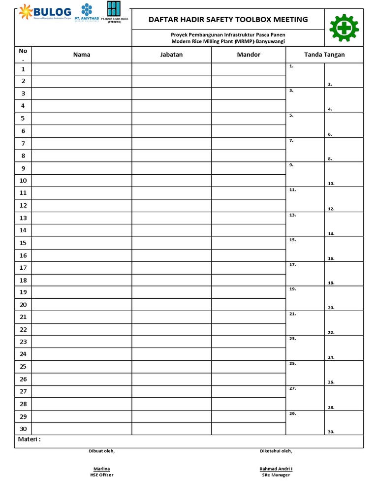 Daftar Hadir Toolbox Meeting MRMP | PDF