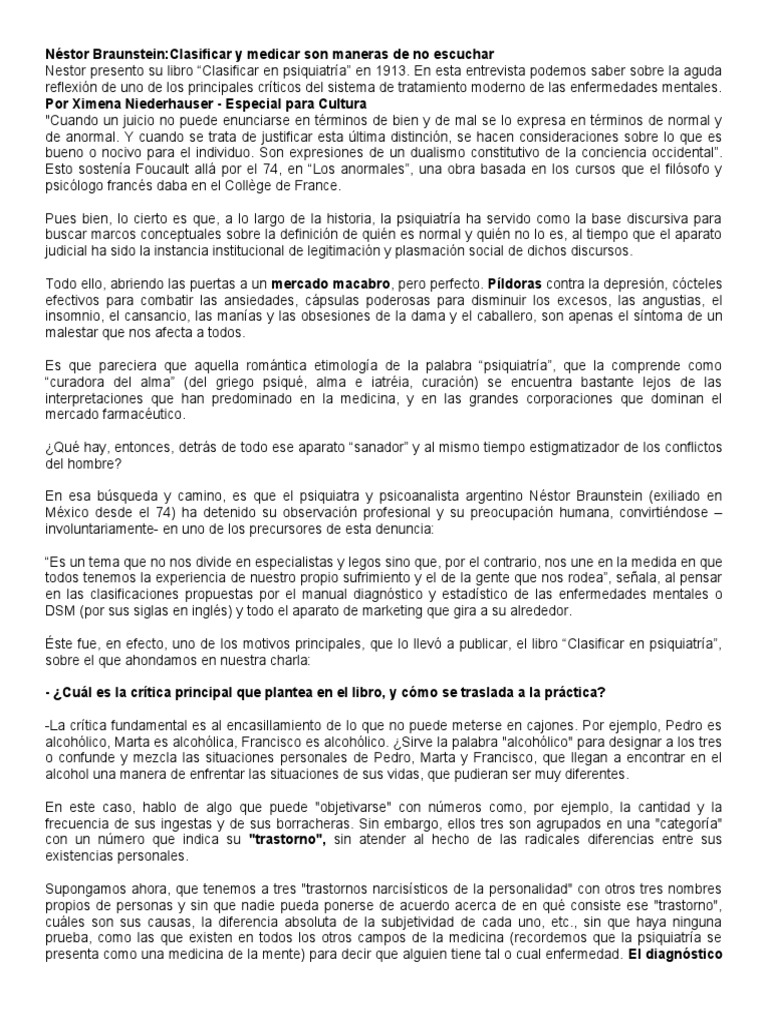 Nestor Braunstein (Resumen) | PDF | Psiquiatría | Subjetividad