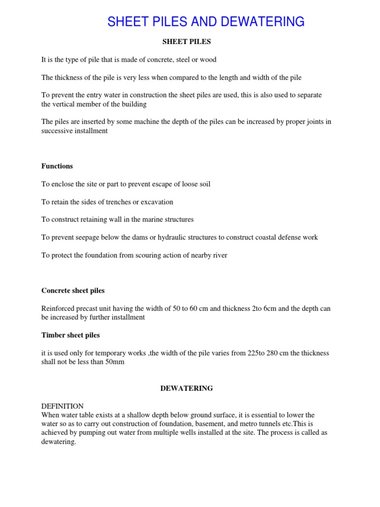 Sheet Piles and Dewatering | PDF | Deep Foundation | Building Engineering