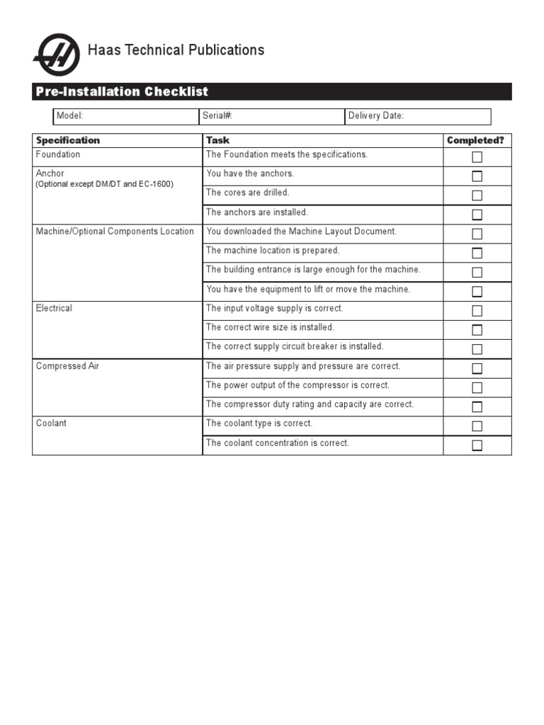 Haas Pre-Installation Checklist | PDF