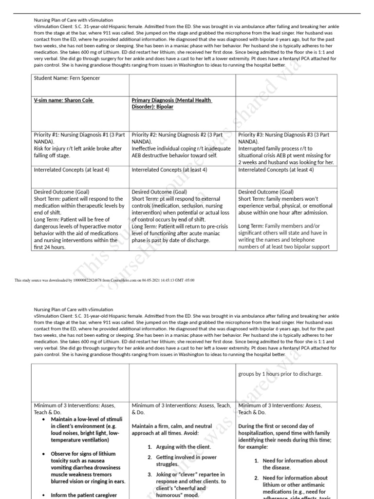 Sharon Cole Vsim Care Plan 2 | PDF | Bipolar Disorder | Mania