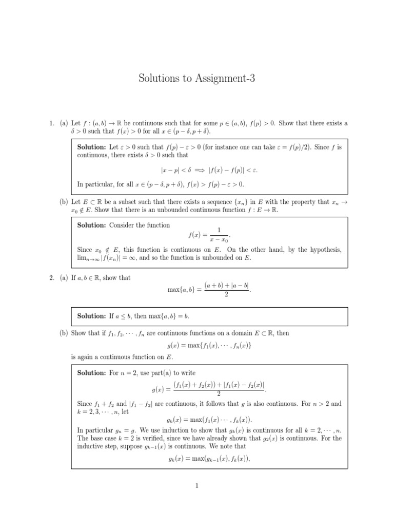 Solutions To Assignment-3 | PDF | Continuous Function | Real Number