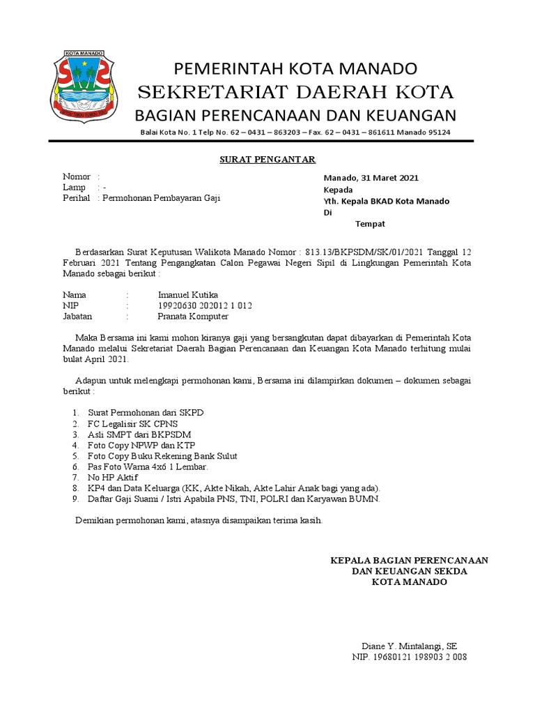 Format Surat Permohonan Berkas Gaji Ke SKPD | PDF