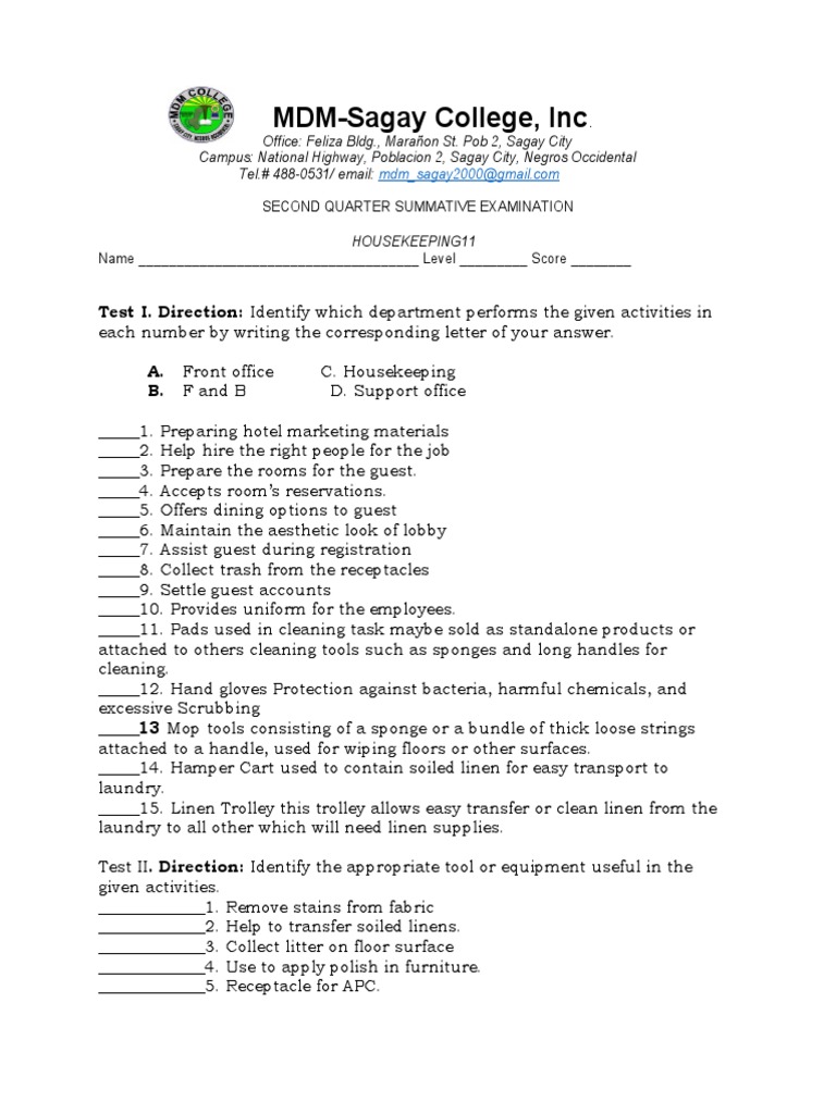 Housekeeping 11 Second Quarter Summative Test | PDF | Career & Growth