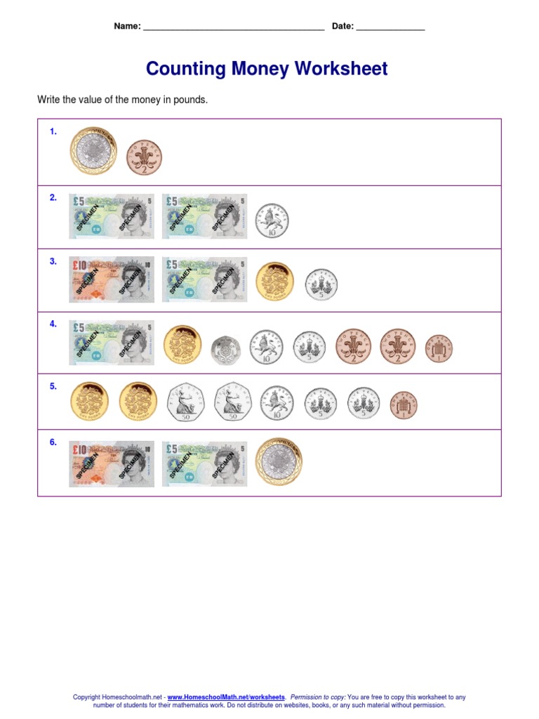 Counting Money Worksheet: Write The Value of The Money in Pounds | PDF ...