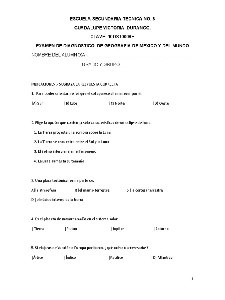 Examen Diagnostico Geo Mex Mdo | PDF | Luna | Tierra