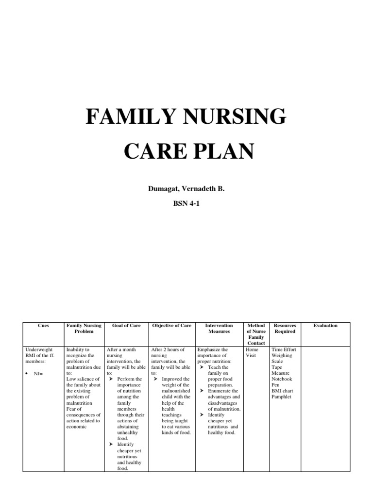 Family Nursing Care Plan Sample PDF Malnutrition Nursing