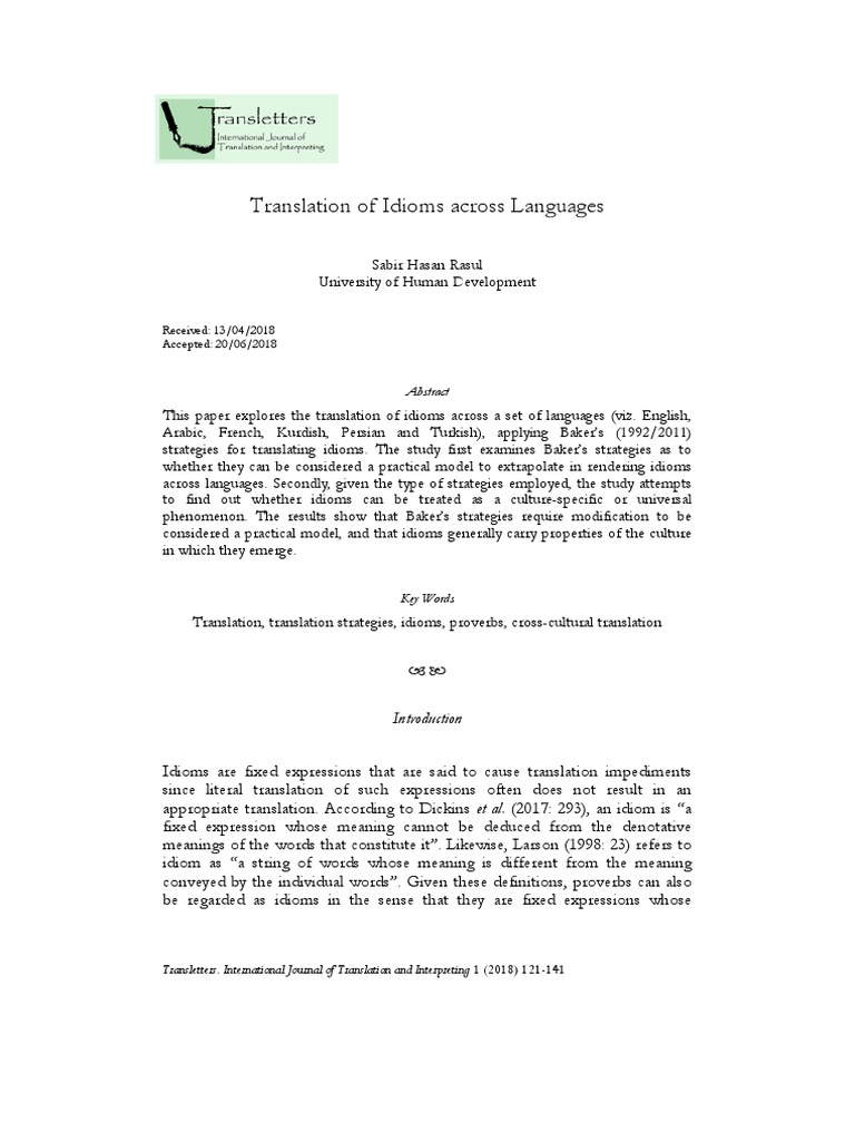 Applying Baker's Strategies for Translating Idioms Across Languages: A ...