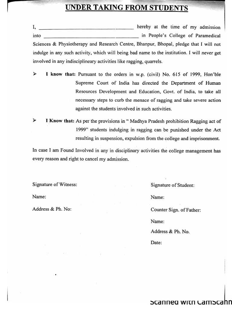 Undertaking Form Student | PDF