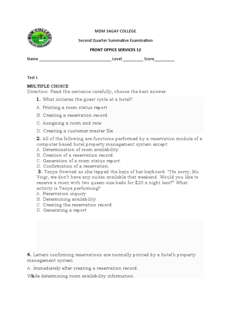 Front Office Services Summative Exam | PDF | Business | Computing