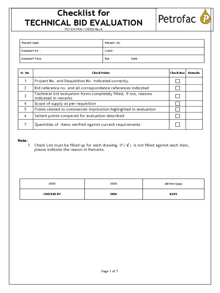 Technical Bid Evaluation Checklist | PDF