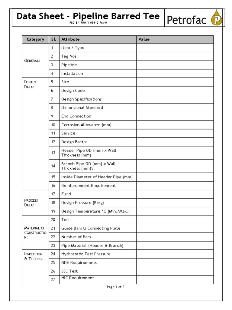 Data Sheet - Pipeline Barred Tee: Category Sl. Attribute Value | PDF ...