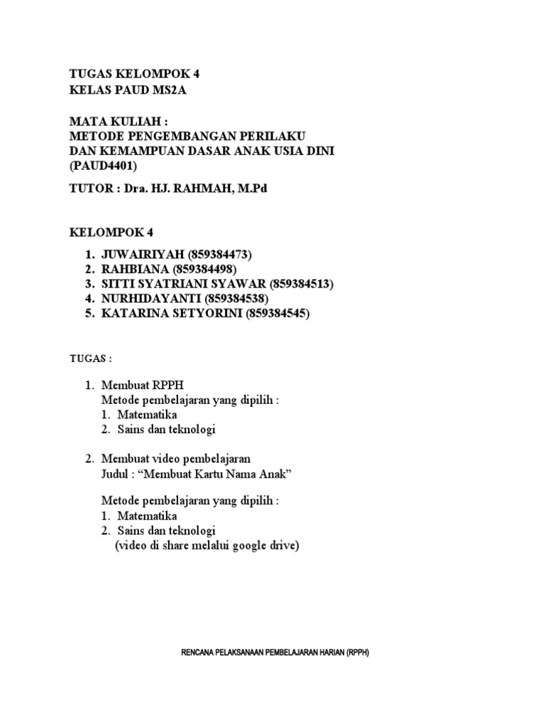 RPPH - Perilaku-Tugas KLP 4-Paudms2a | PDF