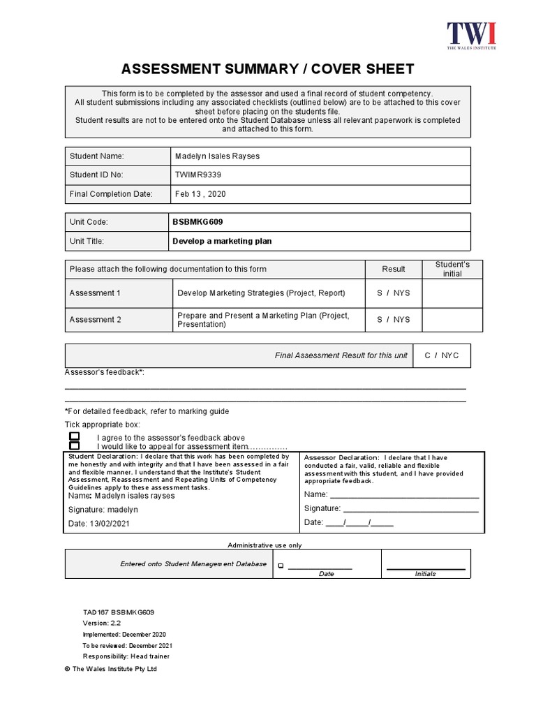 BSBMKG609 Summary Cover Sheet Madelyn | PDF | Business