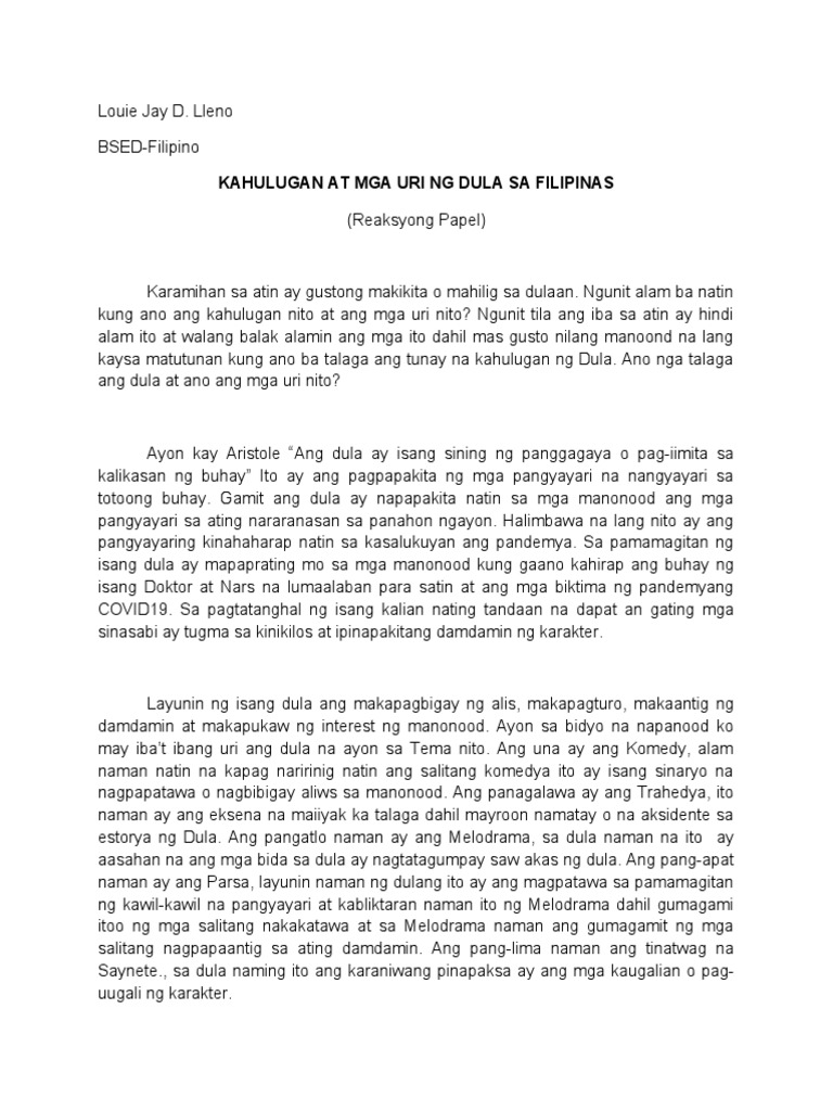 Kahulugan at Mga Uri NG Dula Sa Filipinas | PDF