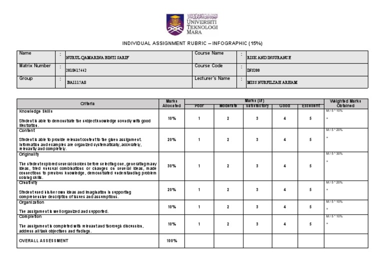 Individual Assignment Rubric - Infographic (15%) : Name Course Name ...